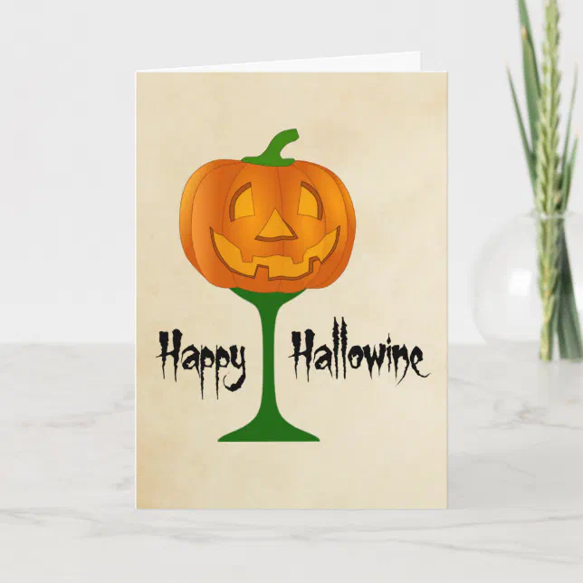 Happy Hallowine Pumpkin Wine Glass Halloween Card | Zazzle