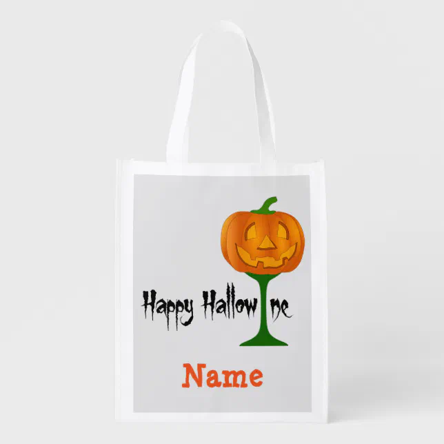 Happy Hallowine Pumpkin Wine Glass Halloween Name Grocery Bag | Zazzle