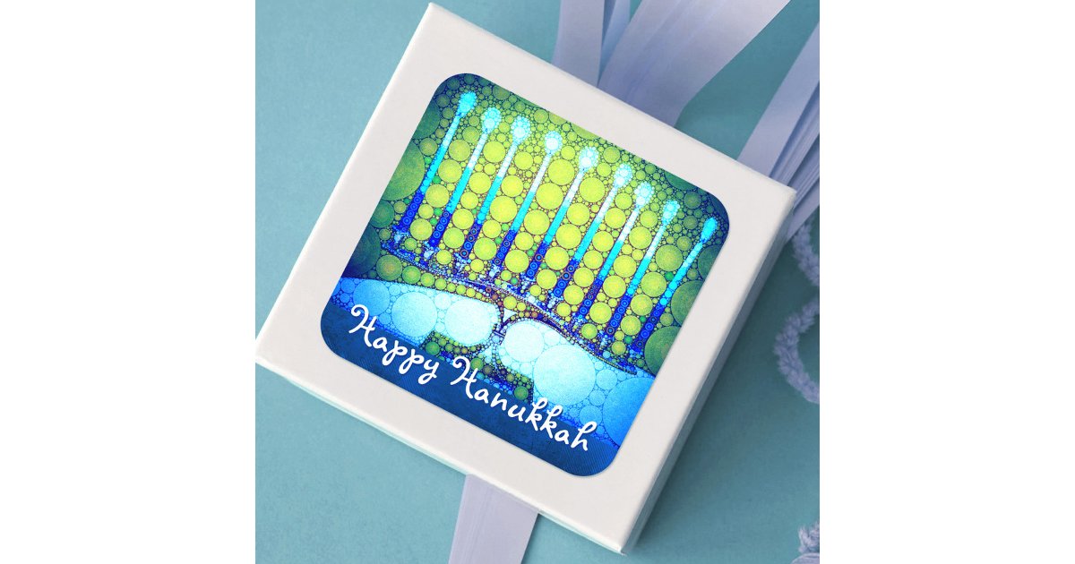 Happy Hanukkah Artsy Turquoise Blue Green Menorah Square Sticker | Zazzle
