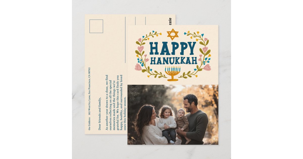 HAPPY HANUKKAH Floral Wreath Menorah Custom PHOTO Postcard | Zazzle