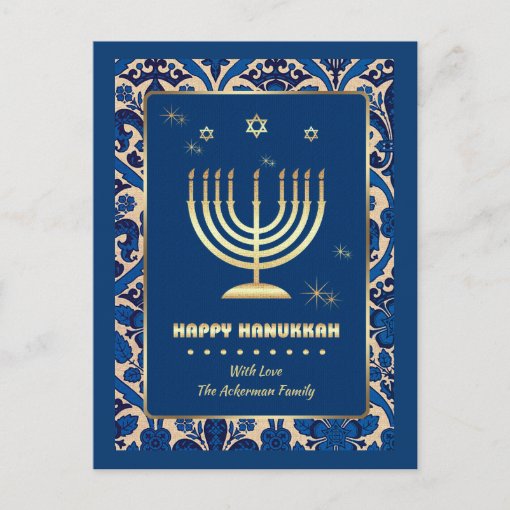 Happy Hanukkah. Gold Menorah Holiday Postcard | Zazzle