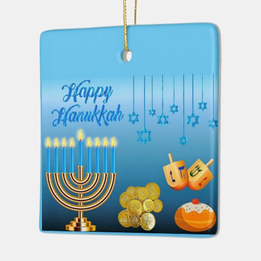 Happy Hanukkah Menorah and Dreidels Ceramic Ornament | Zazzle