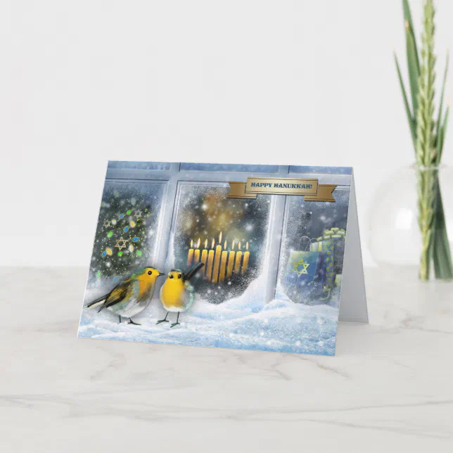 Happy Hanukkah. Snow Window Scene with Menorah Holiday Card | Zazzle