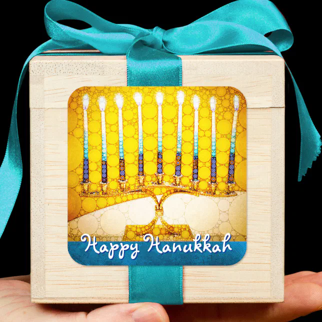 Happy Hanukkah Trendy Artsy Yellow Gold Menorah Square Sticker | Zazzle