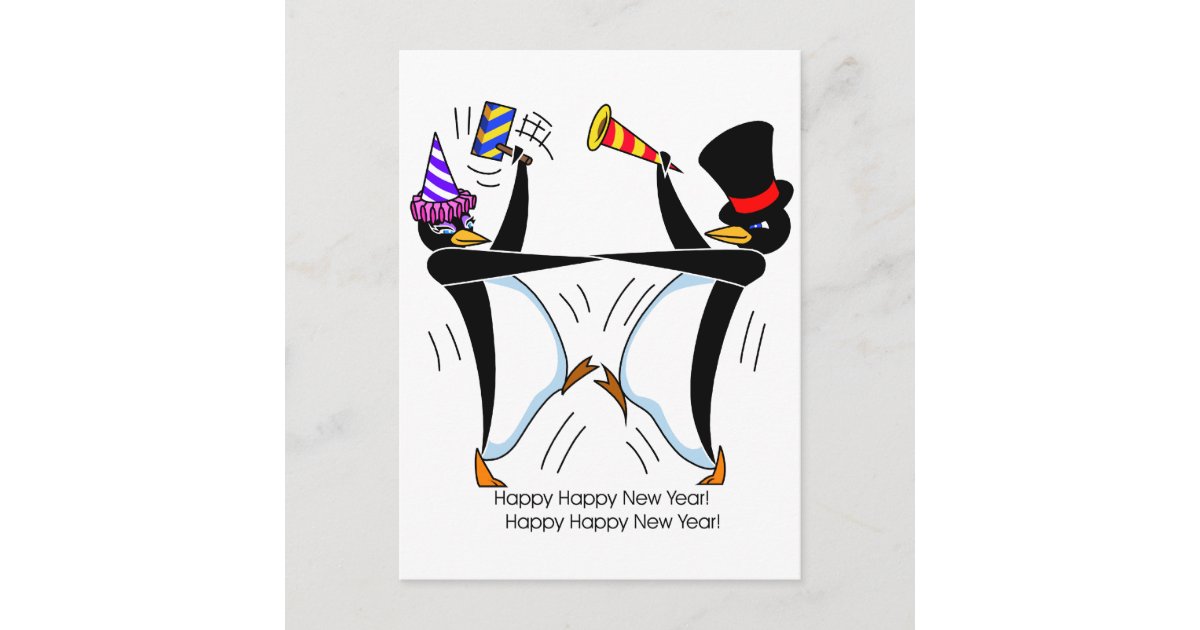 Happy Happy New Year Penguins Holiday Postcard | Zazzle