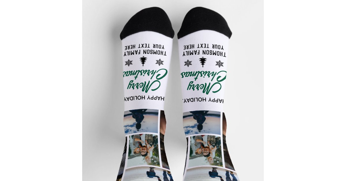 Happy Holiday Christmas Photo Collage Custom Names Socks | Zazzle