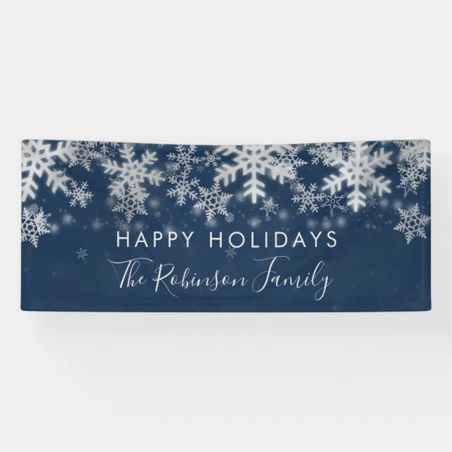 Happy Holiday Family Silver Navy Winter Snowflakes Banner | Zazzle