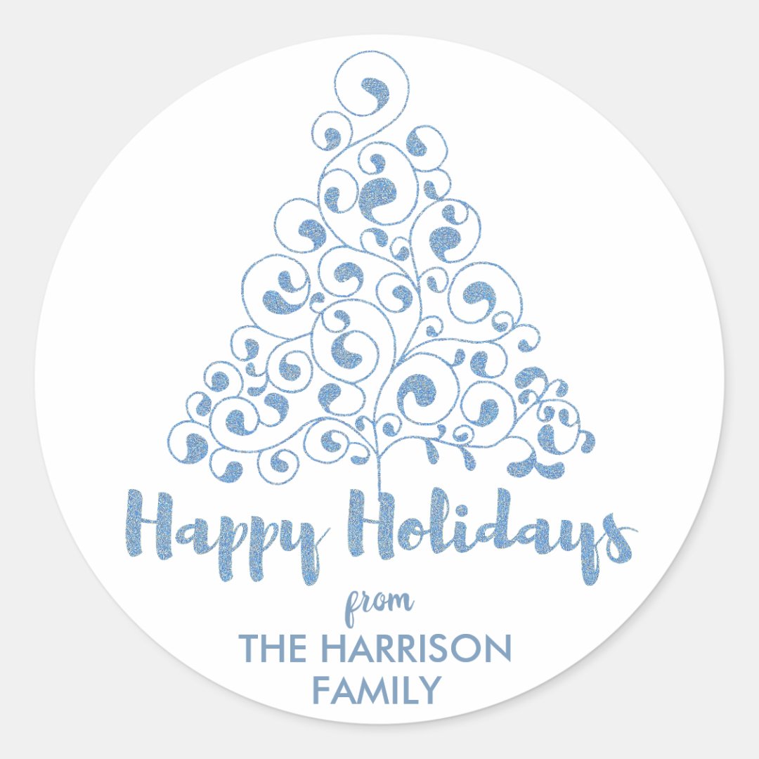 Happy Holidays Blue Glitter Christmas Tree Classic Round Sticker | Zazzle