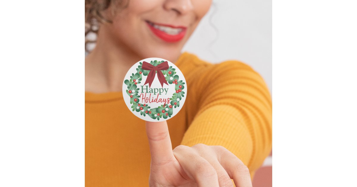 Happy Holidays Christmas Holly Wreath Classic Round Sticker | Zazzle