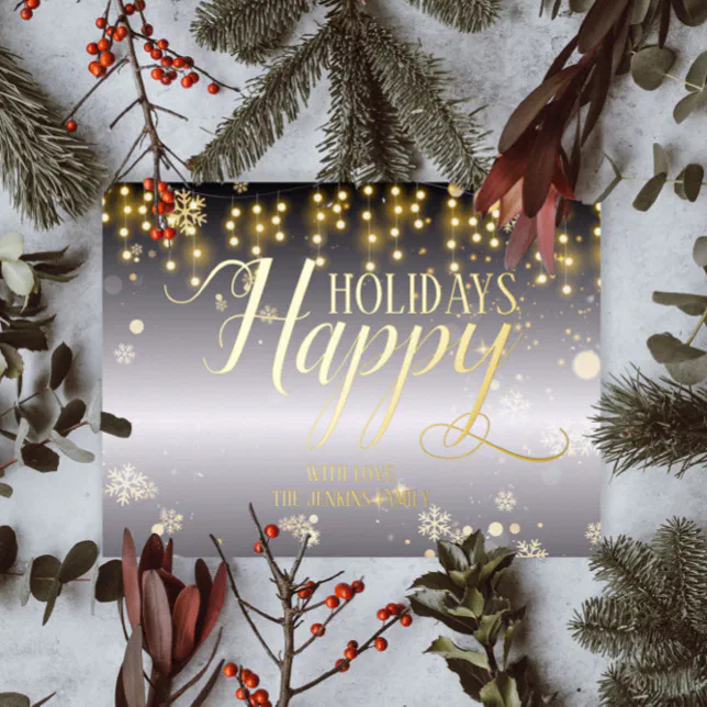 Happy Holidays Christmas Lights And Snowflakes Foil Holiday Postcard ...
