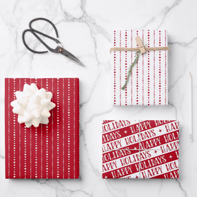 Happy Holidays cute dot stripes red white Wrapping Paper Sheets | Zazzle