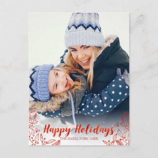 Happy Holidays Cute Red Script Photo Christmas Postcard | Zazzle