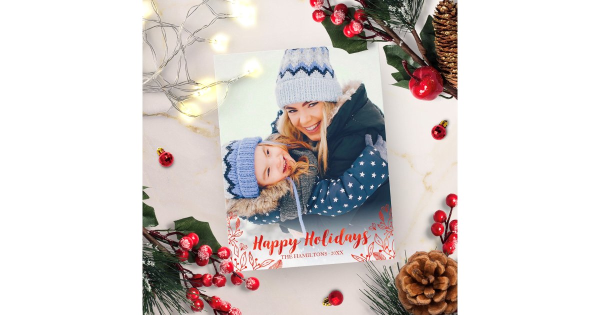 Happy Holidays Cute Red Script Photo Christmas Postcard | Zazzle