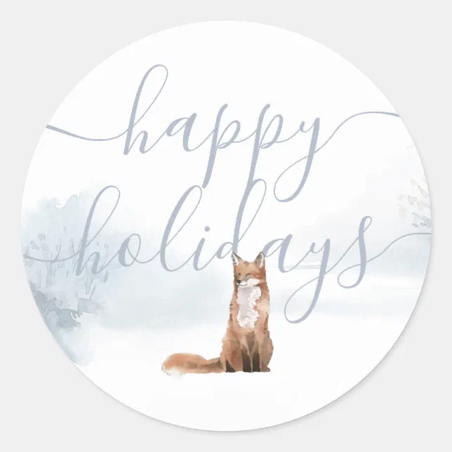 Happy Holidays Elegant Script Winter Fox Classic Round Sticker | Zazzle