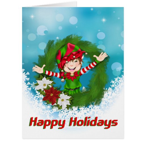 Happy Holidays Elf in Wreath Card | Zazzle