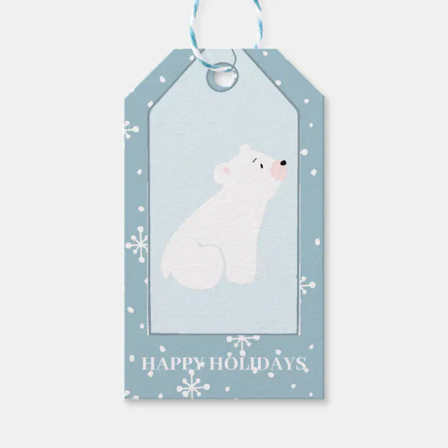 Happy Holidays falling snow polar bear dusty blue Gift Tags | Zazzle
