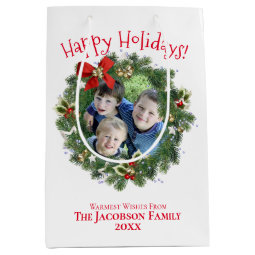 Happy Holidays Fun Christmas Wreath Photo Frame Medium Gift Bag | Zazzle