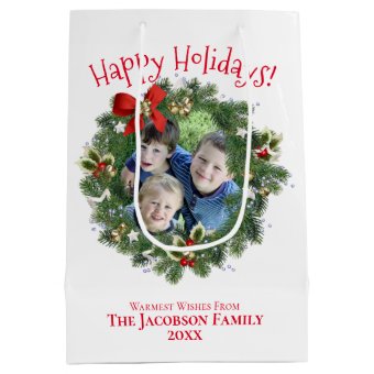Happy Holidays Fun Christmas Wreath Photo Frame Medium Gift Bag | Zazzle