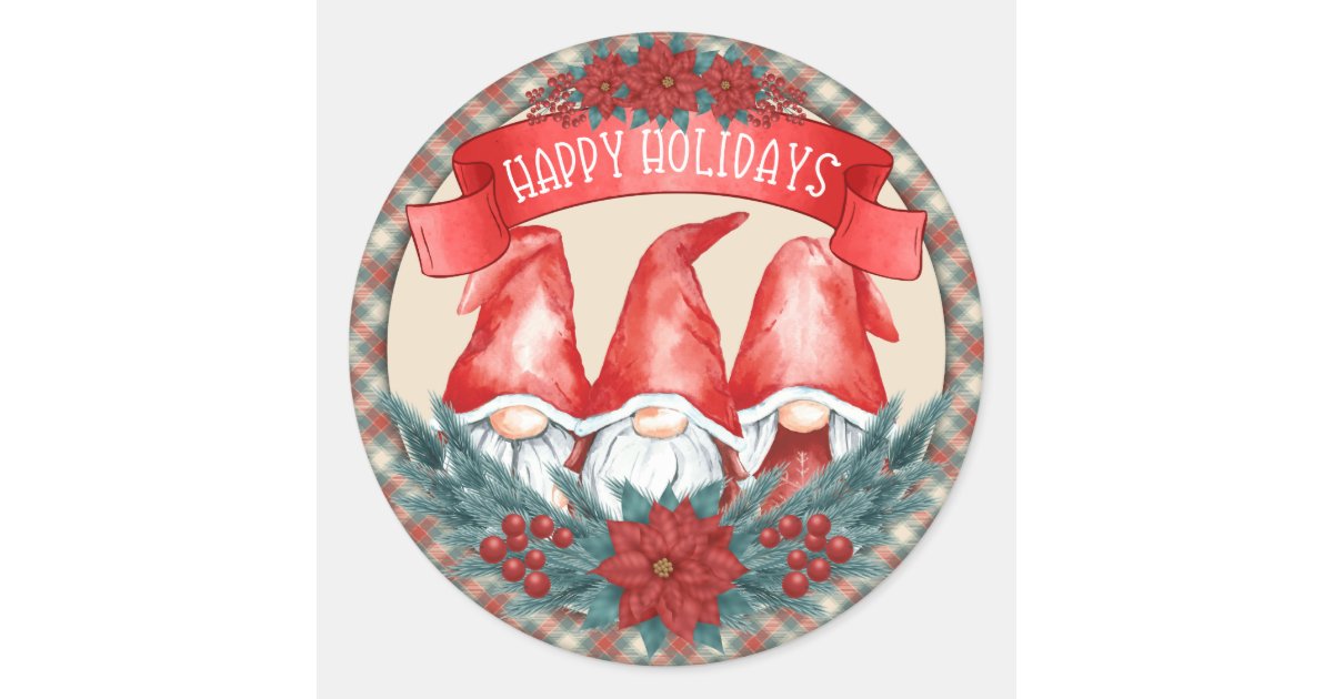 Happy Holidays Gnomes Classic Round Sticker | Zazzle
