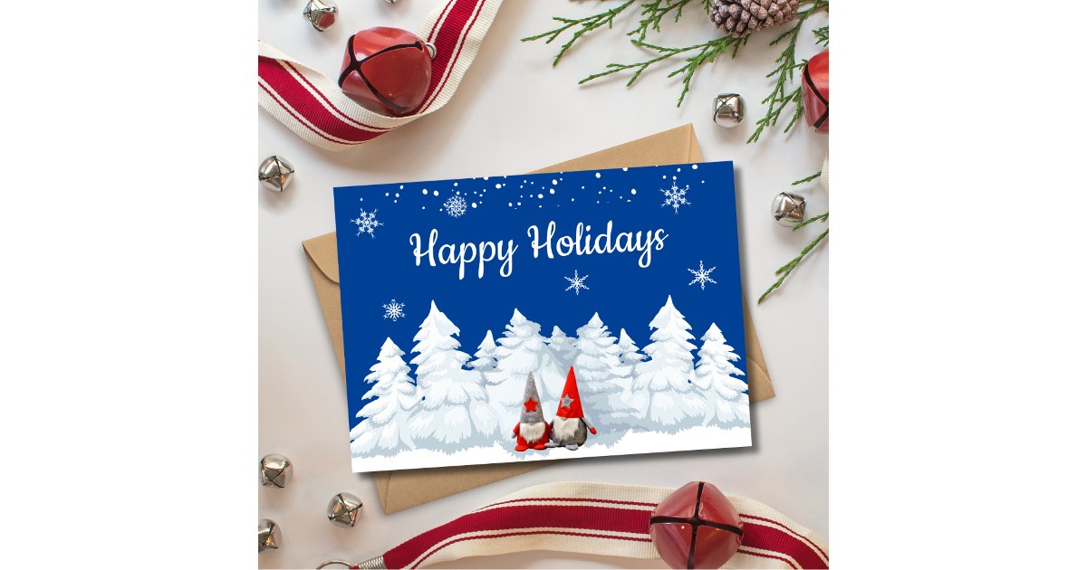Happy Holidays Gnomes Snowy Trees Holiday Card | Zazzle