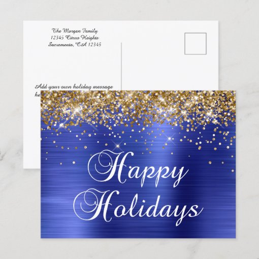Happy Holidays Gold Glittery Faux Blue Foil Holiday Postcard | Zazzle