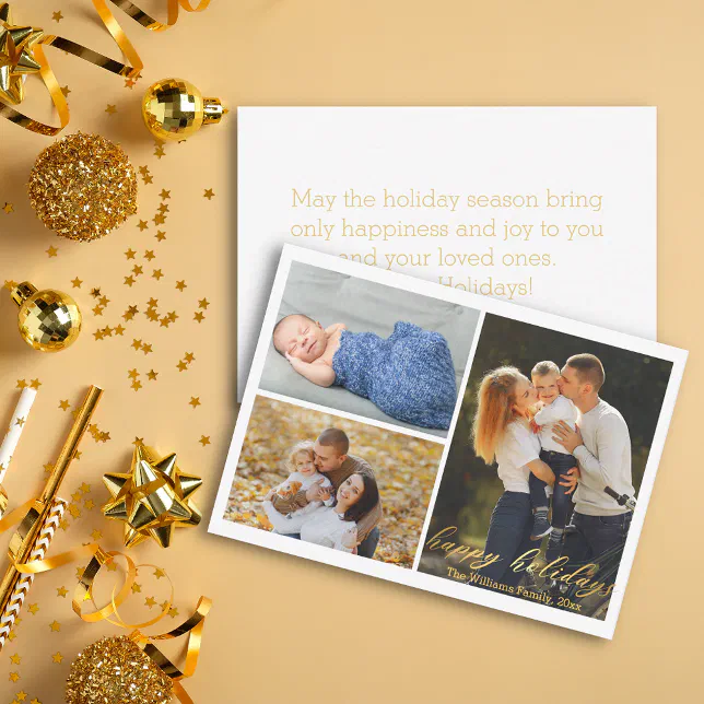 happy holidays gold script 3 photos collage note card | Zazzle
