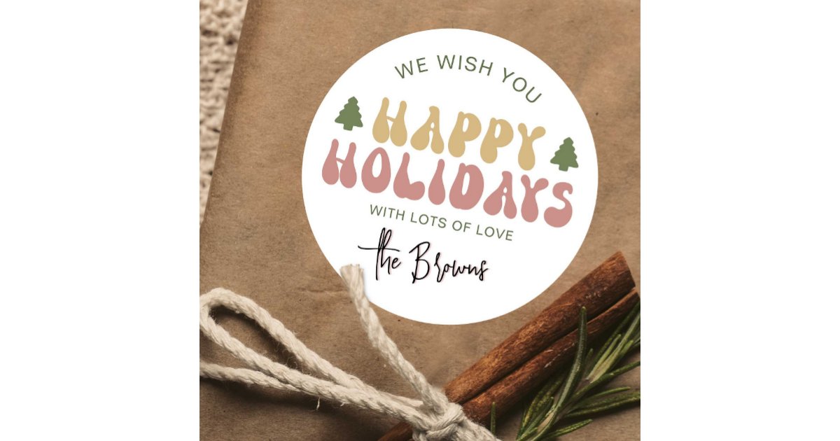 Happy Holidays Groovy Retro Christmas Gift Classic Round Sticker | Zazzle
