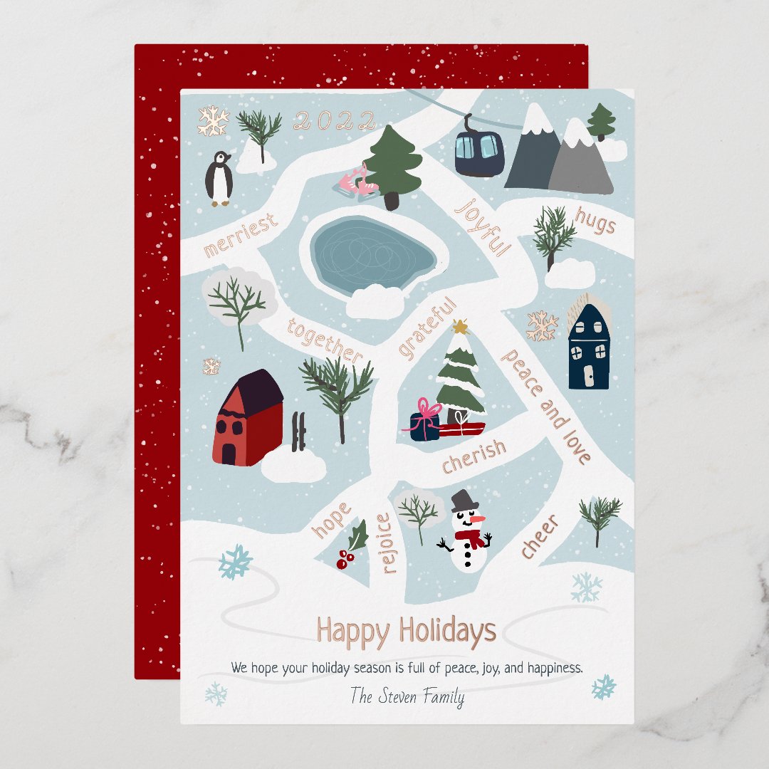 Happy Holidays map story telling illustrations Foil Holiday Card | Zazzle