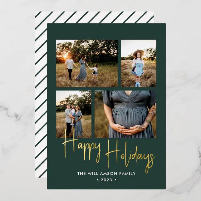 Happy Holidays Modern Green Script 4 Photo Gold Foil Holiday Card | Zazzle