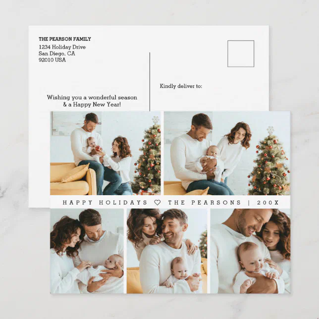 Happy Holidays Modern Minimal Multi Photo Grid Holiday Postcard | Zazzle