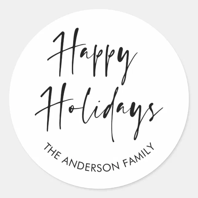 Happy Holidays Modern Script Calligraphy Family Classic Round Sticker ...