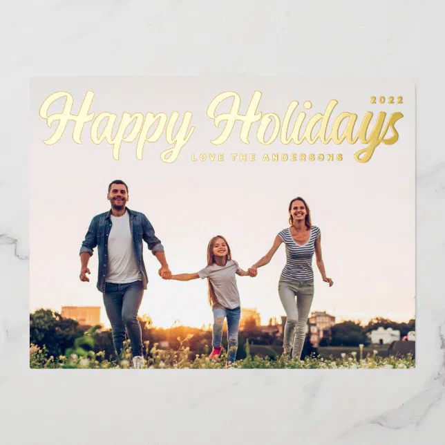 HAPPY HOLIDAYS MODERN Script Gold Photo Foil Holiday Postcard | Zazzle