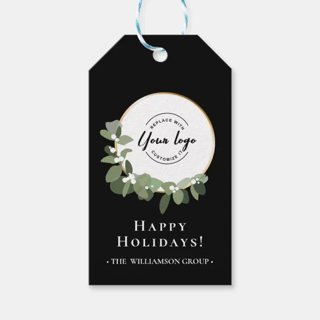 Happy Holidays Modern Wreath Custom Business logo Gift Tags | Zazzle