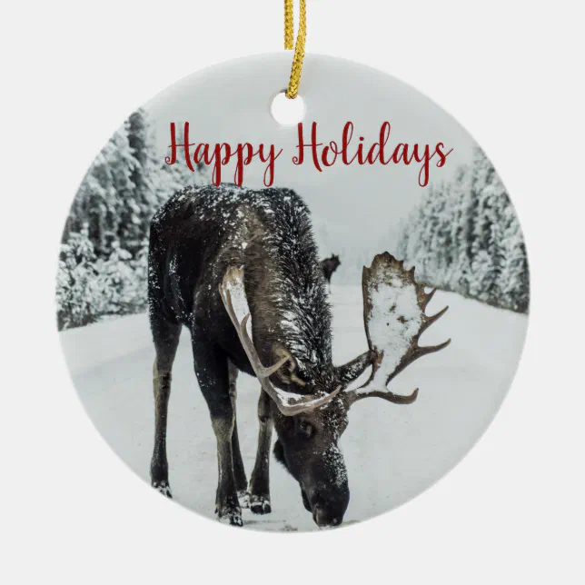 Happy Holidays Moose In Winter Christmas Ceramic Ornament | Zazzle
