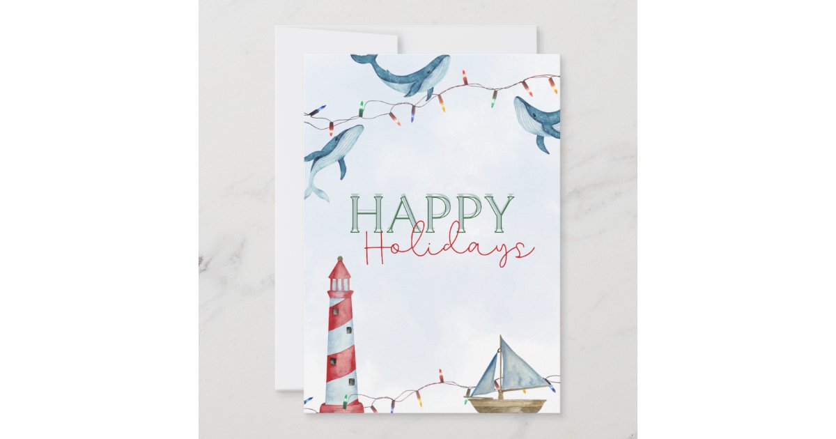 Happy Holidays- Nautical Whale & Lighthouse Holiday Card | Zazzle