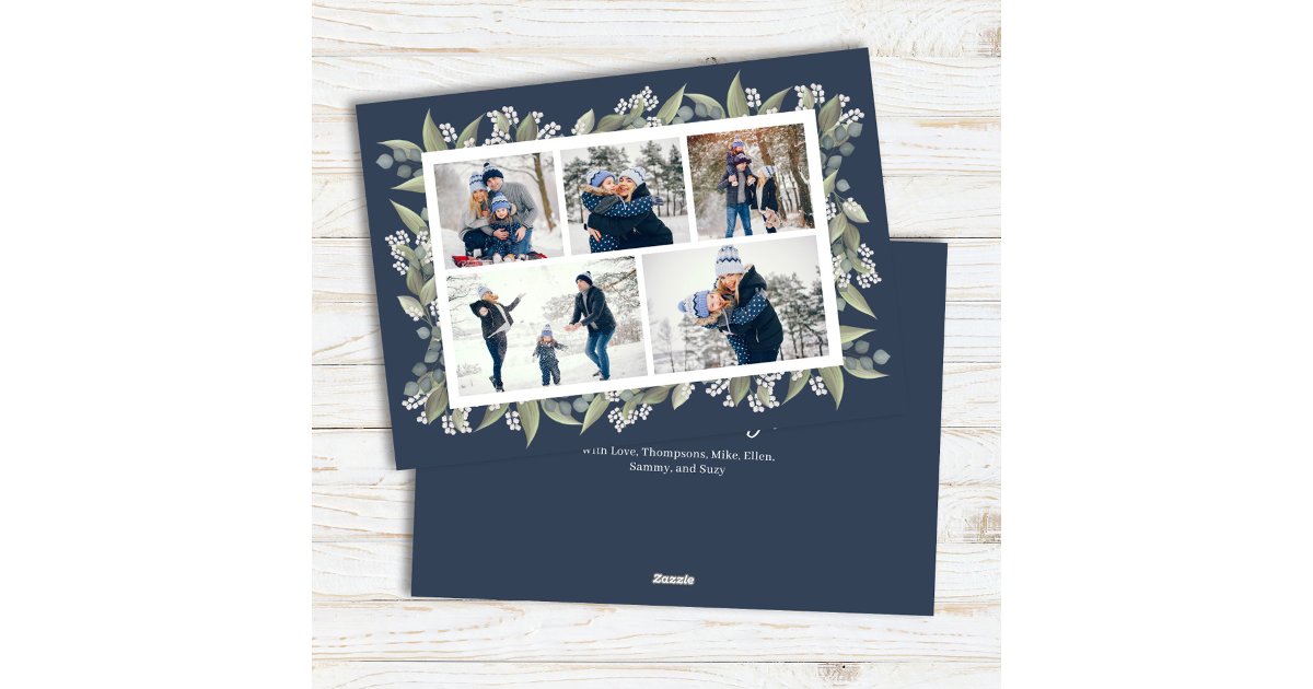 Happy Holidays Navy Blue Floral Photo Collage Holiday Card | Zazzle