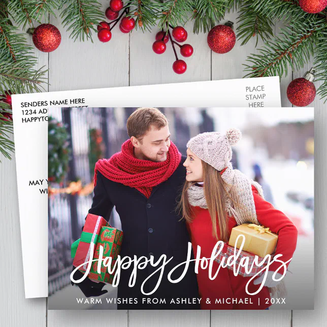 Happy Holidays Photo Modern Brush Script Postcard | Zazzle