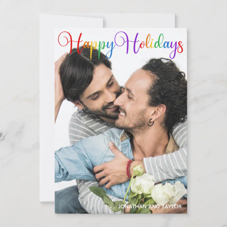 Happy Holidays Rainbow Script LGBT Couple Photo Holiday Card | Zazzle