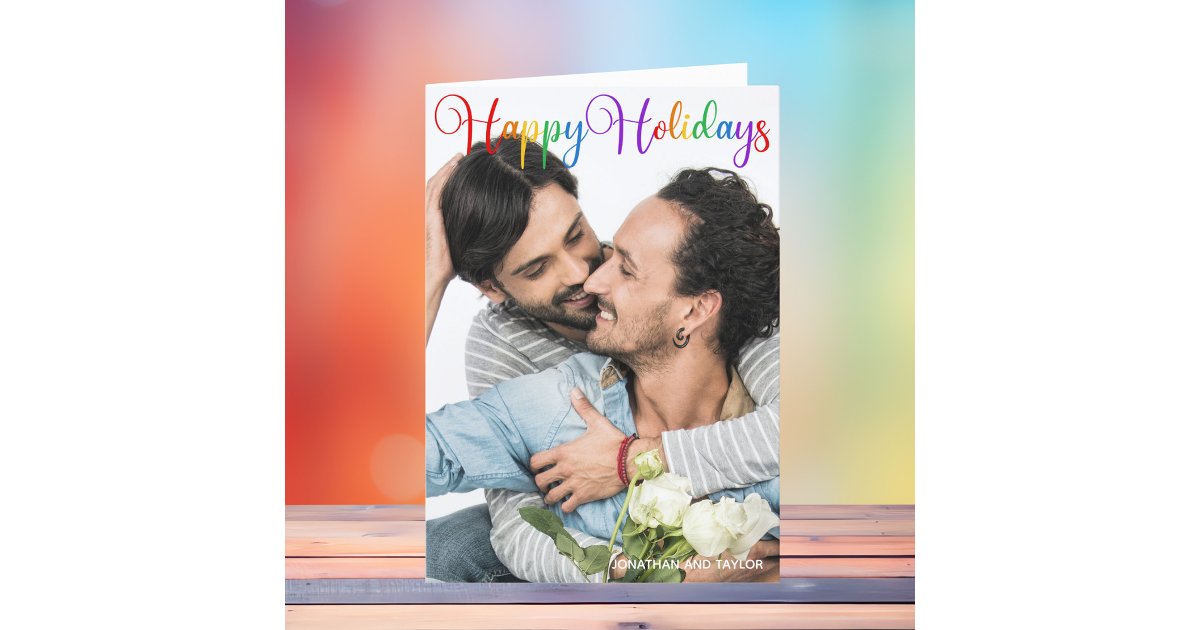 Happy Holidays Rainbow Script LGBTQ Couple Photo Holiday Card | Zazzle