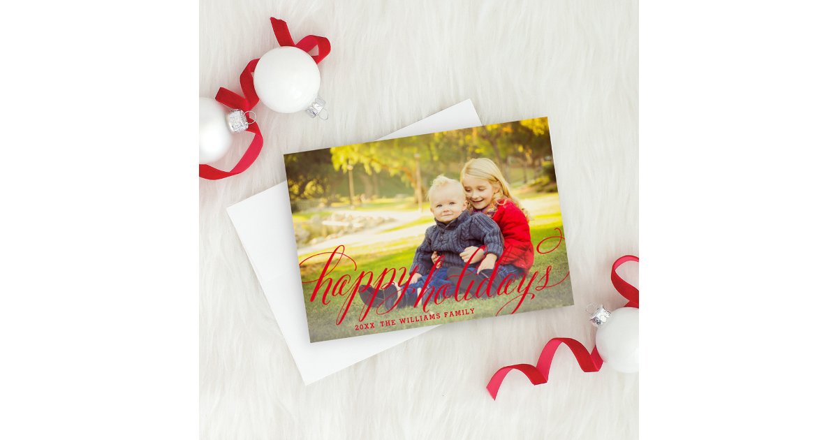 Happy Holidays Red Handwritten Script Photo Holiday Card | Zazzle