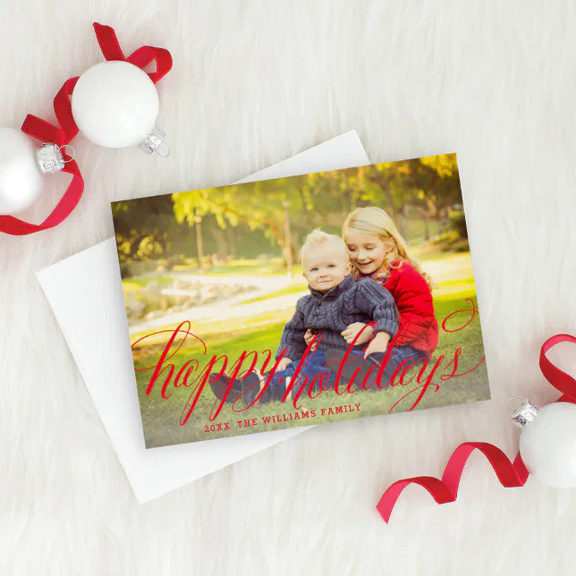 Happy Holidays Red Handwritten Script Photo Holiday Card | Zazzle