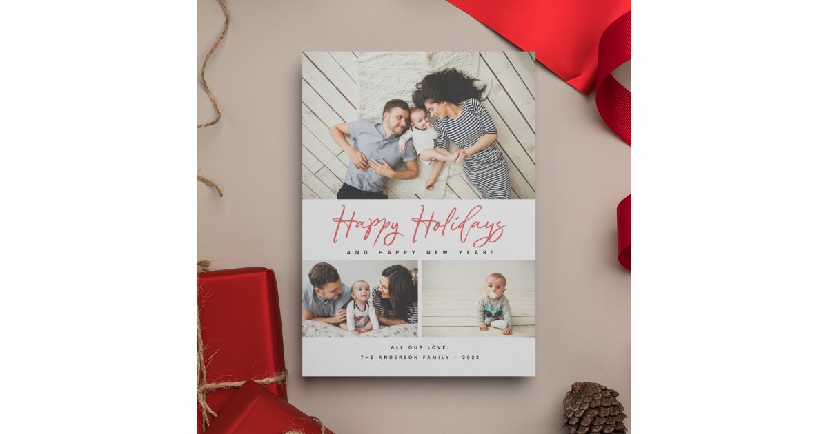 Happy Holidays Red Script 3 Collage Multi-Photo Holiday Card | Zazzle