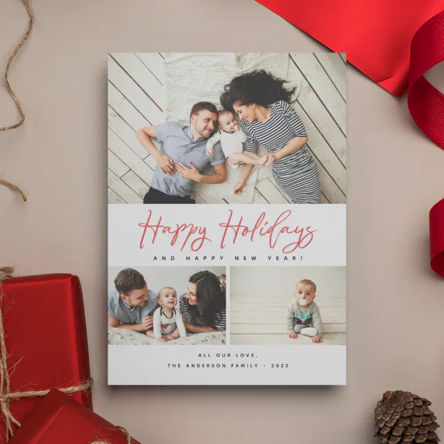 Happy Holidays Red Script 3 Collage Multi-Photo Holiday Card | Zazzle