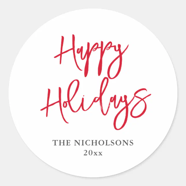 Happy Holidays Red Script Modern Classic Round Sticker | Zazzle