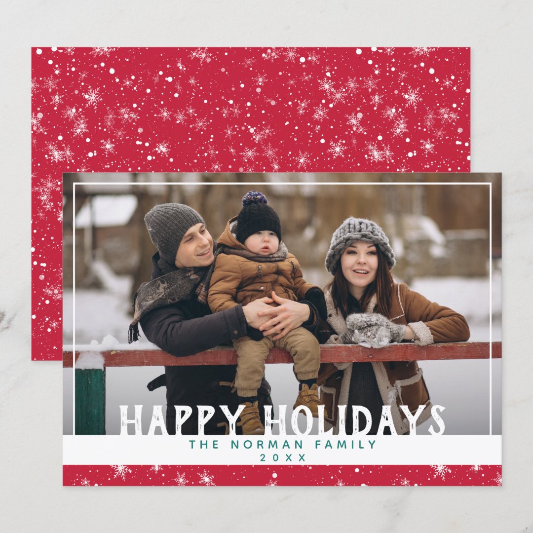 Happy Holidays Red White Winter Snowflake Photo Holiday Card | Zazzle