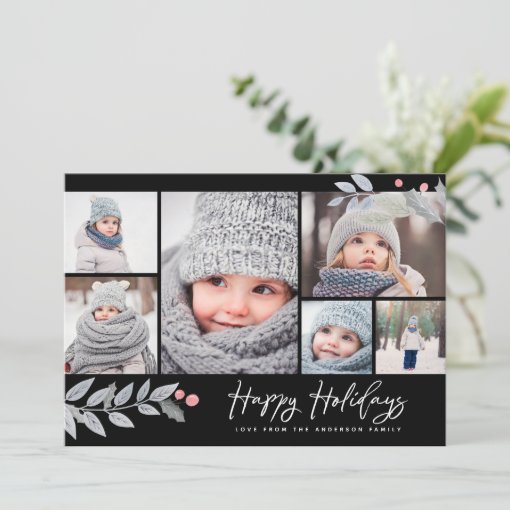 Happy Holidays Rustic Floral Multi-Photo Collage Holiday Card | Zazzle
