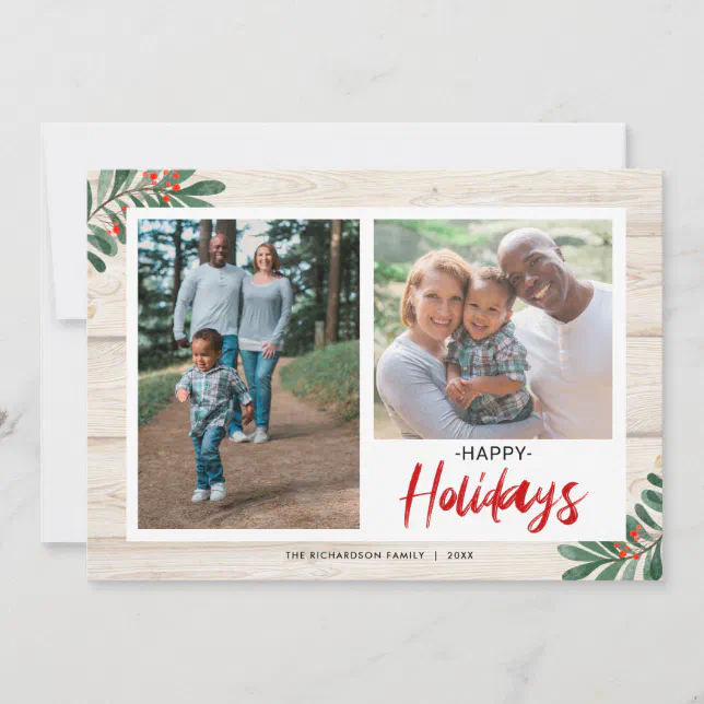 Happy Holidays Rustic Greenery 2 Photos Christmas Holiday Card | Zazzle