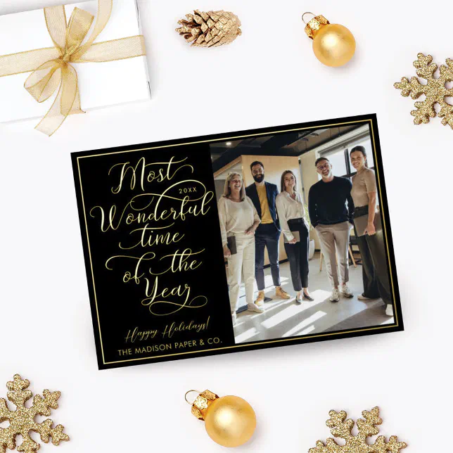 Happy Holidays Script Business Photo & Logo Black Foil Holiday Card ...