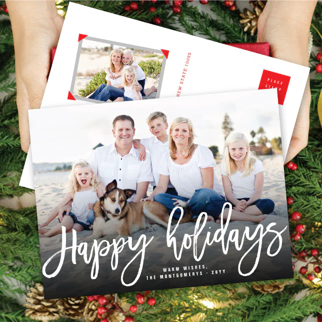 Happy Holidays Simple Brush Script Modern Photo Holiday Postcard | Zazzle