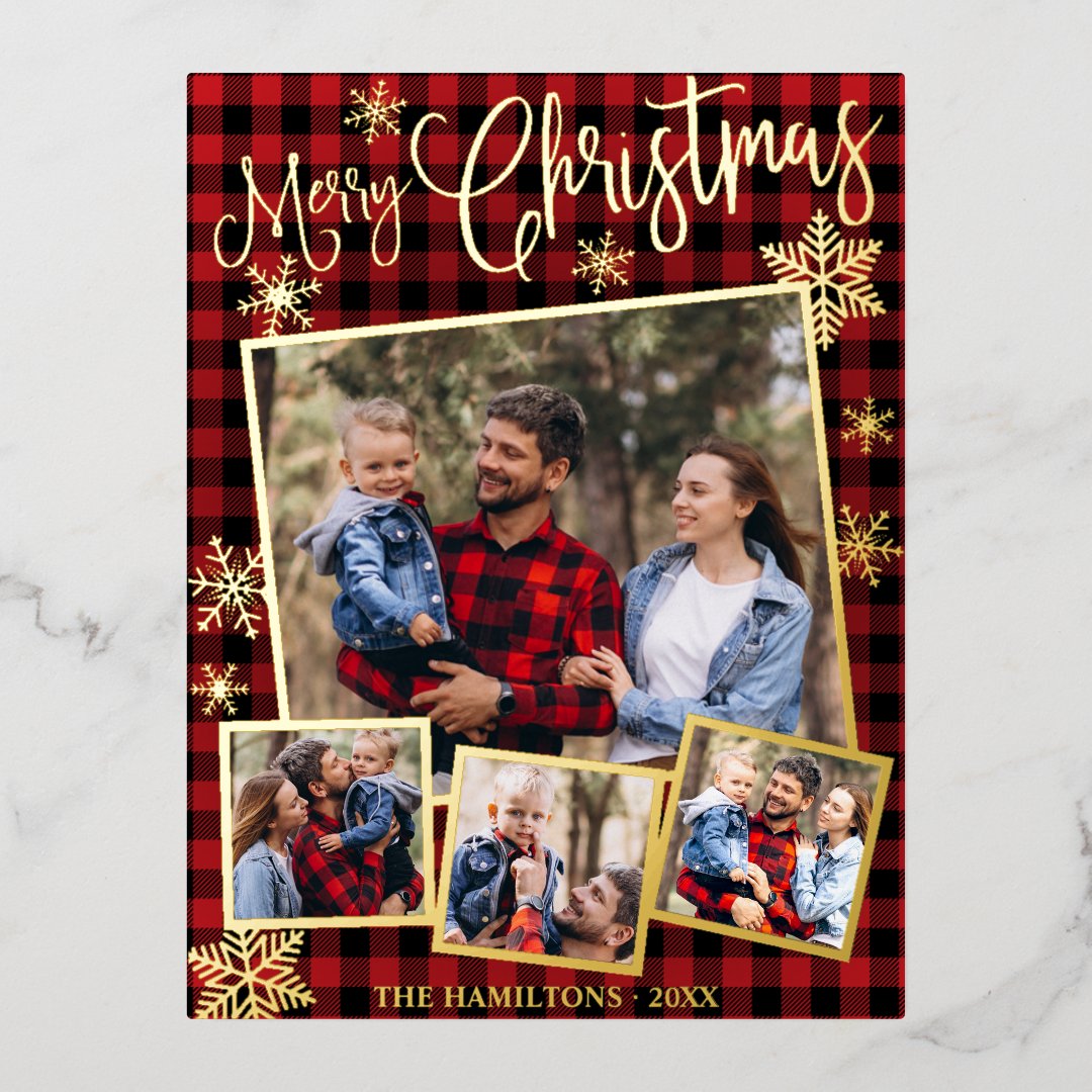 Happy Holidays Snowflake 4 Photos Collage Foil Holiday Postcard | Zazzle